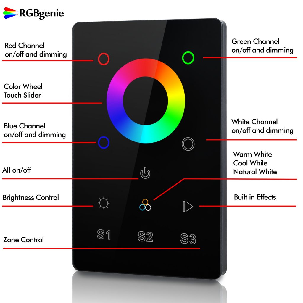 3 Scene Color Touch Panel and Dimmer, Black (Z-Wave) - RGB Genie